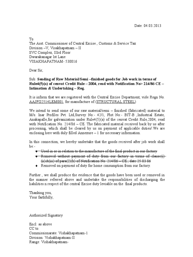 JOBWORKER INTIMATION - Format With Annexure For Excise Unit | PDF ...