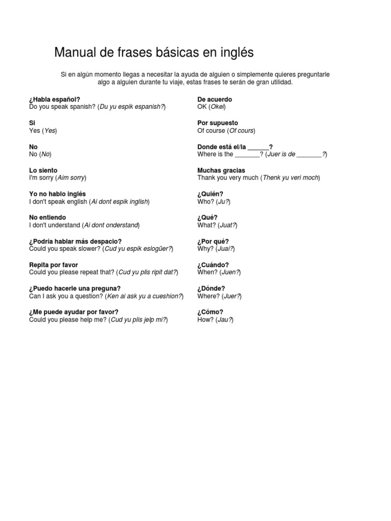 Frases Básicas en Inglés para Viajeros | PDF | Artes del Lenguaje y ...