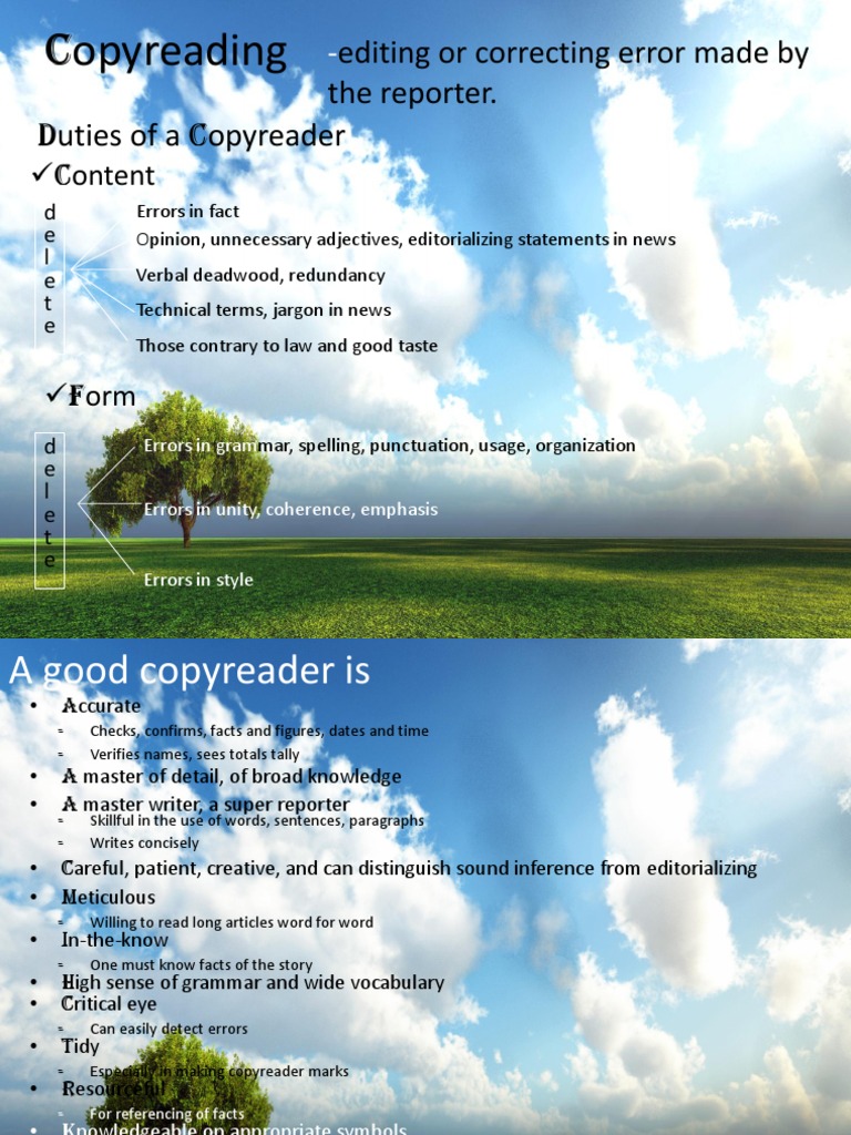 Copyreading: Editing or Correcting Error Made by The Reporter. Duties ...