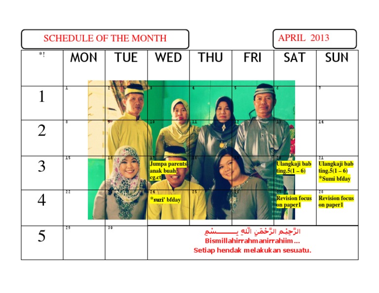 Mon Tue Wed Thu FRI Sat Sun: Schedule of The Month APRIL 2013 | PDF