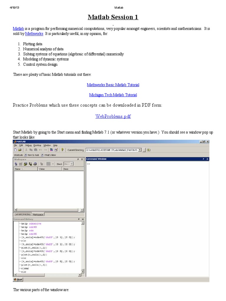 Matlab Session 1: Practice Problems Which Use These Concepts Can Be ...