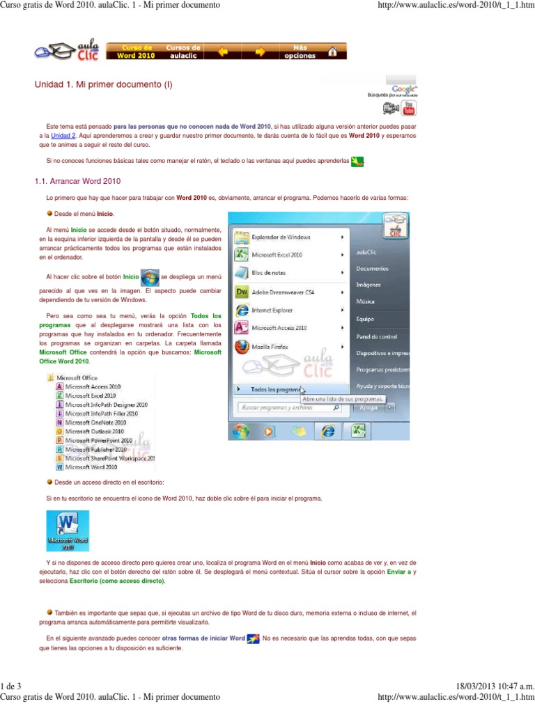 Curso Gratis de Word 2010. AulaClic. 1 - Mi Primer Documento | PDF ...