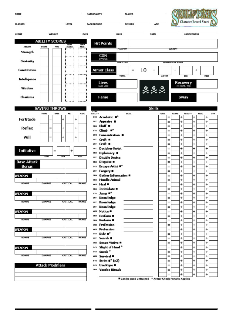 Skull - & - Bones - Character - Sheet PDF | PDF