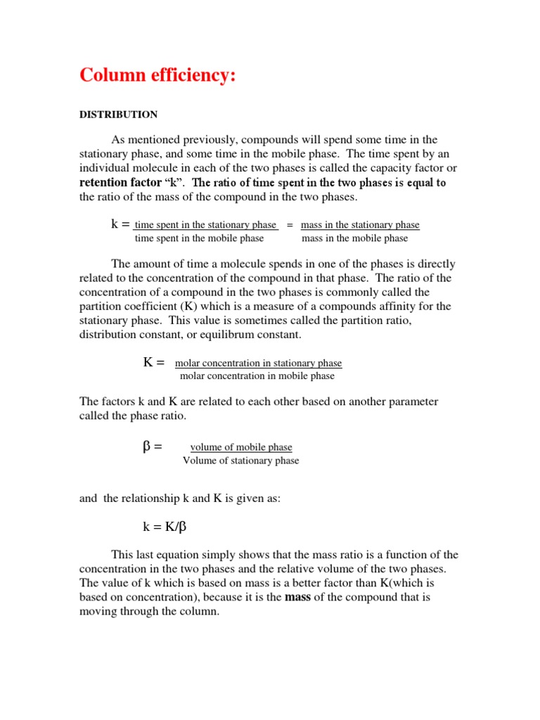 Column Efficiency:: Retention Factor "K". The Ratio of Time Spent in ...