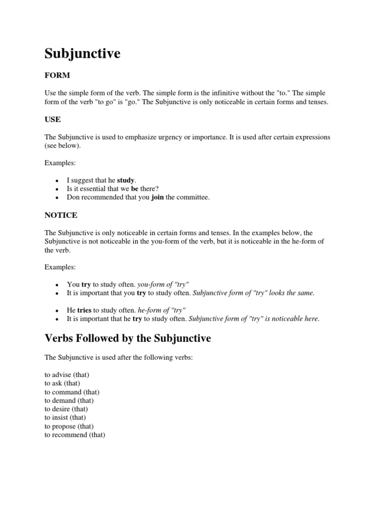 Subjunctive: Verbs Followed by The Subjunctive | PDF | Verb | Style ...