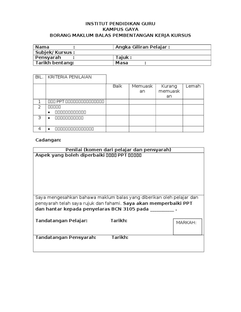 Borang Markah Pembentangan | PDF