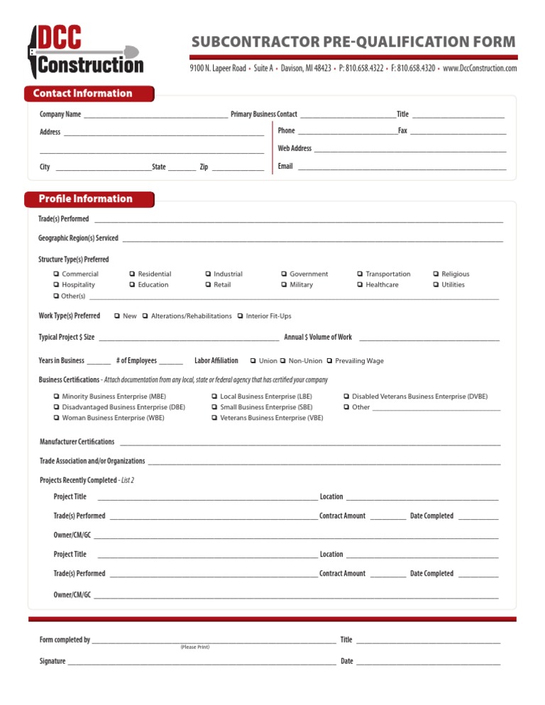 DCC Subcontractor Form 9-12 | PDF