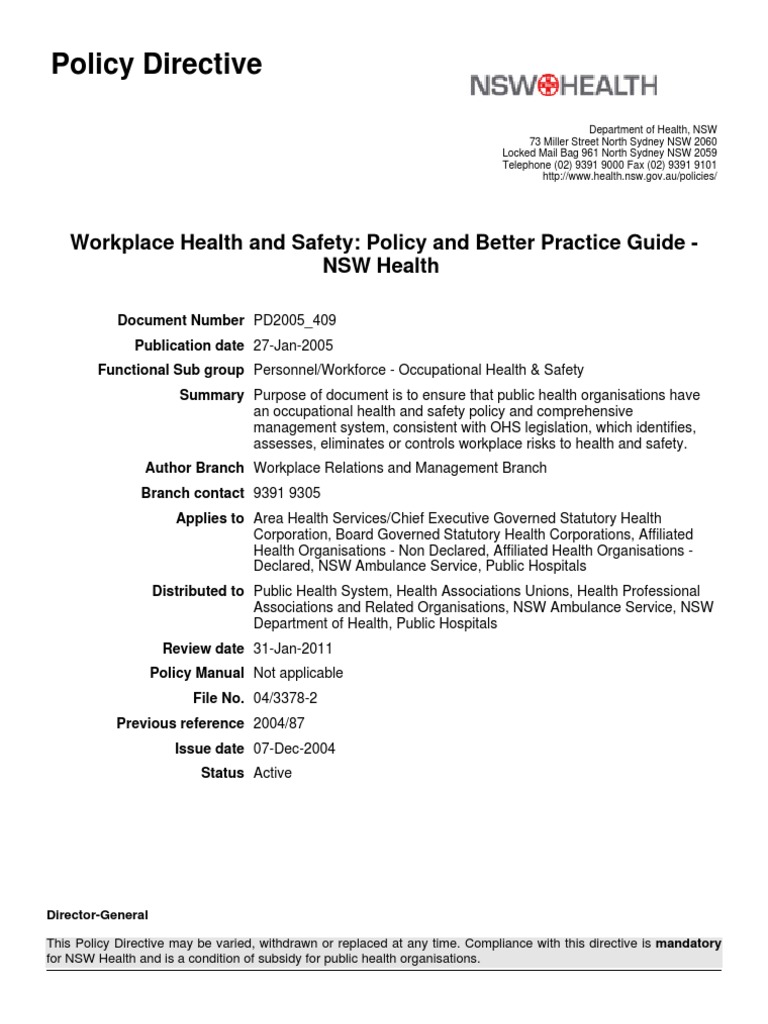 Policy Directive: Workplace Health and Safety: Policy and Better ...