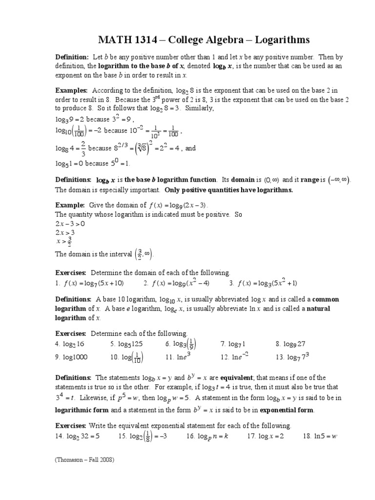 MATH 1314 - College Algebra - Logarithms: ! Log 8 Log 8 3 Log 9 2 | PDF ...