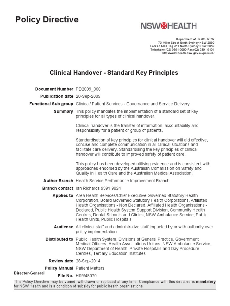 Handover Guideline NSW Health | PDF | Health Care | Health System