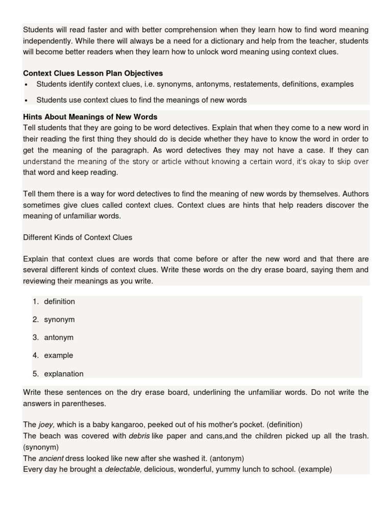 Context Clues Lesson Plan Objectives: Joey, Debris | Download Free PDF ...