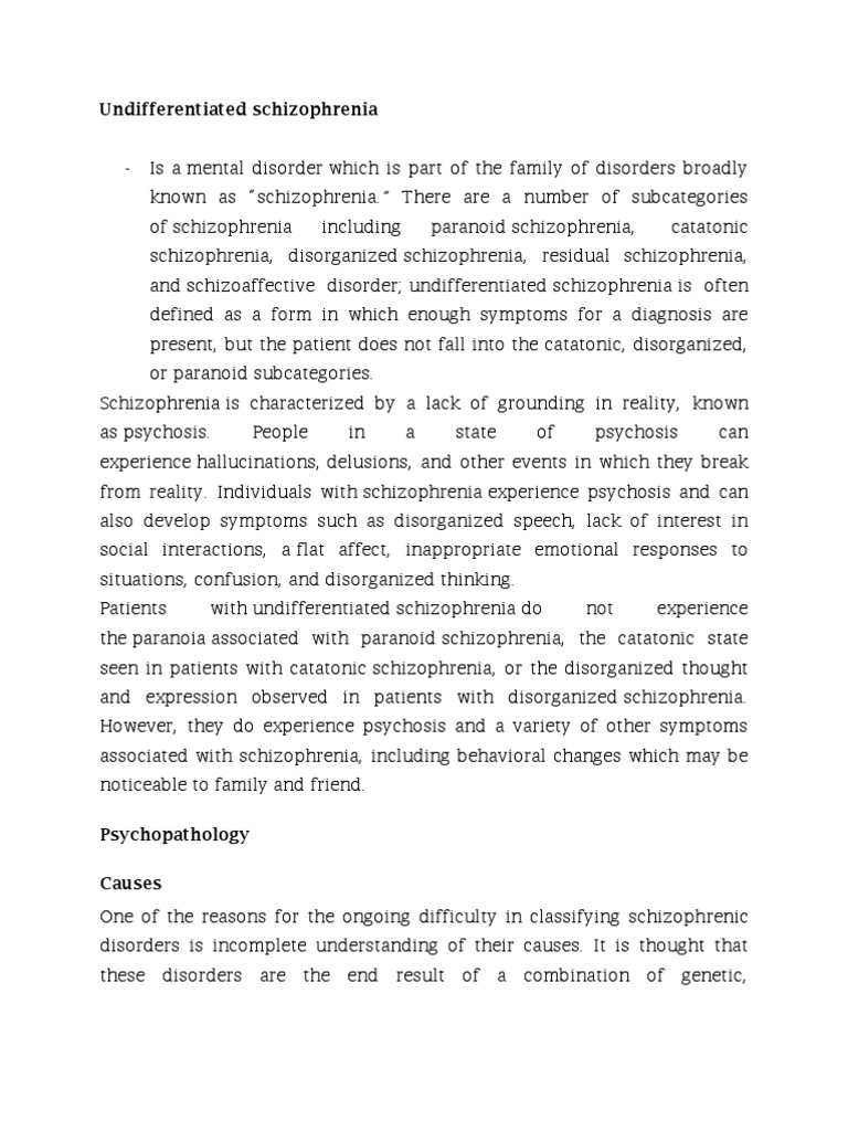 Undifferentiated Schizophrenia | PDF | Schizophrenia | Mental Disorder