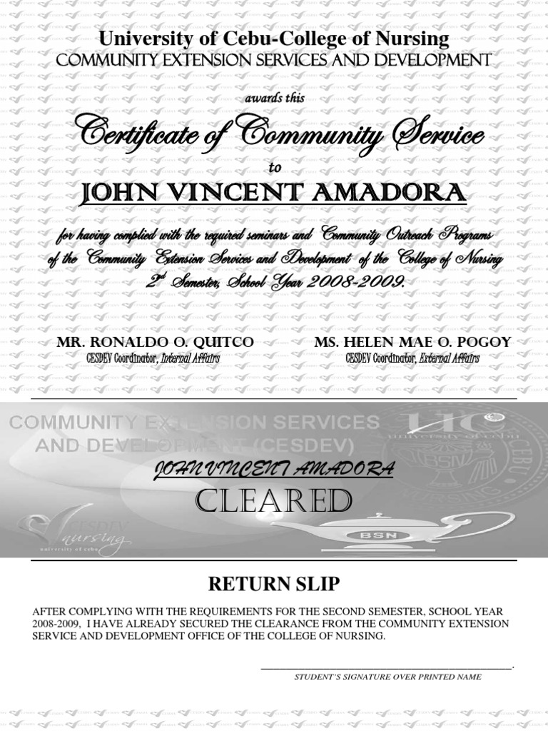 Certificate of Community Service: John Vincent Amadora | PDF | Higher ...