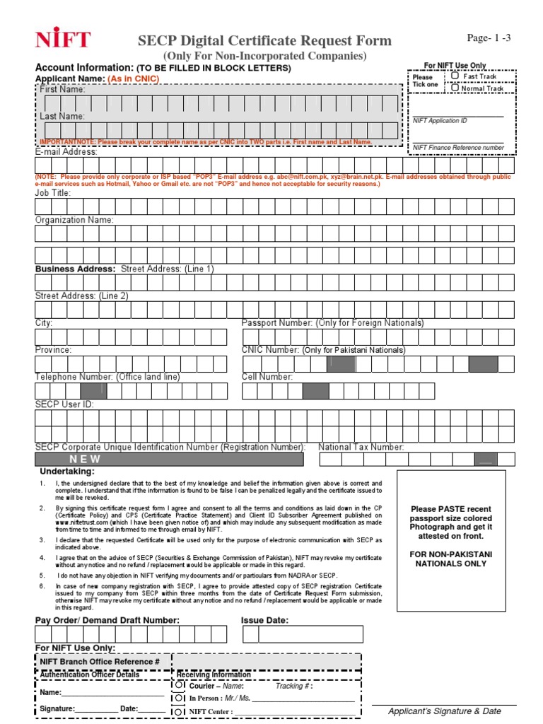 SECP Digital Certificate Request Form: (Only For Non-Incorporated ...