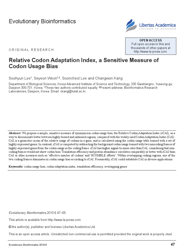 Codon Adaptation Index Pdf Genetic Code Gene