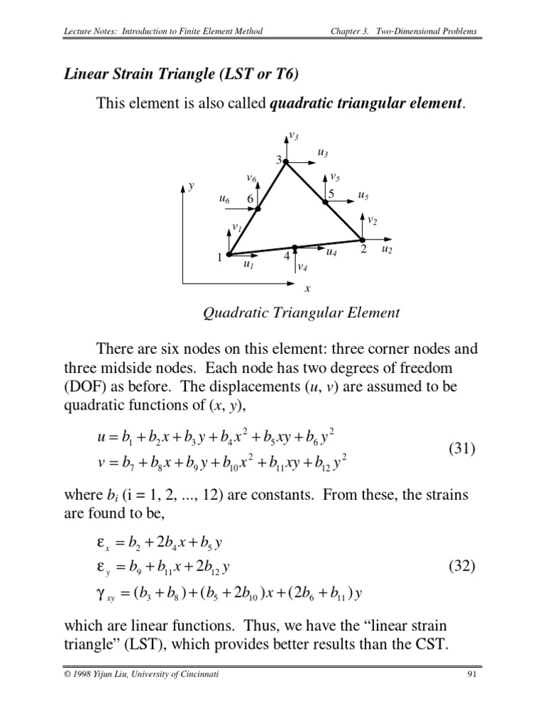 Linear Strain Triangle (LST or T6) : Quadratic Triangular Element | PDF ...