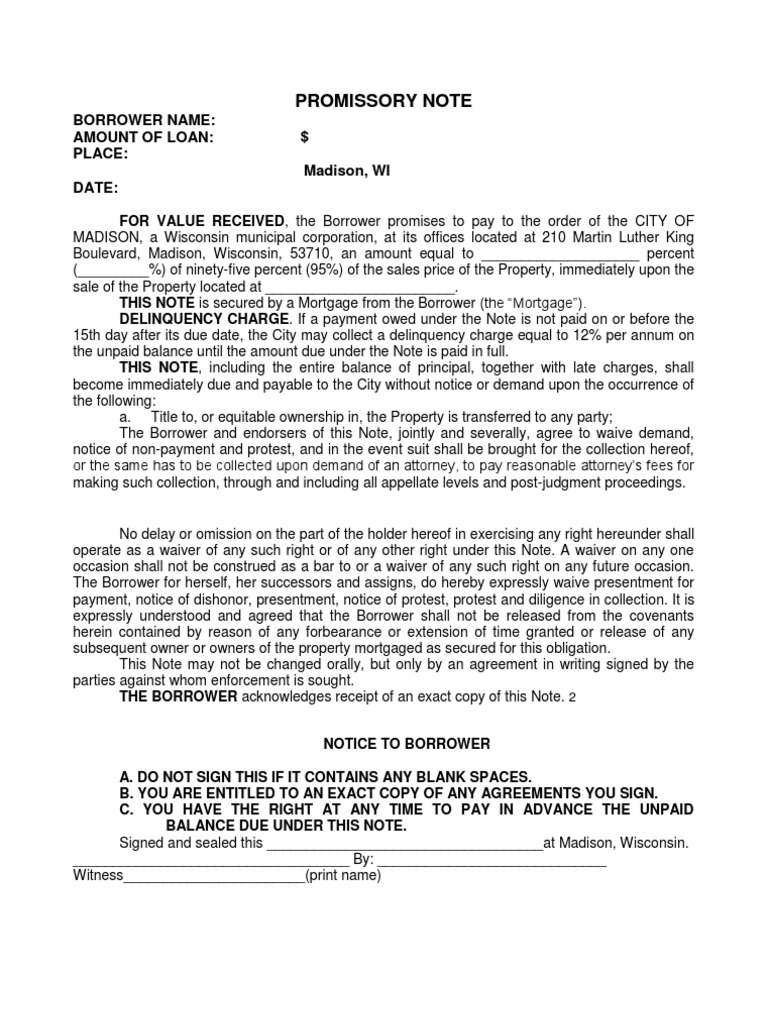 Promissory Note: Borrower Name: Amount of Loan: $ Place: Madison, WI ...