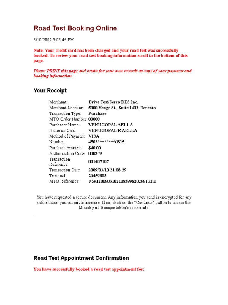 Road Test Booking Online: Your Receipt | PDF | Credit Card | Financial ...