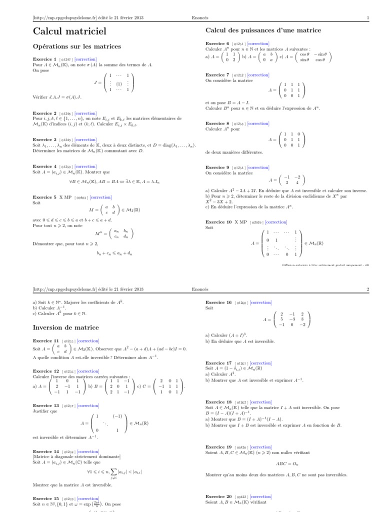 Calcul matriciel.pdf | Matrice (Mathématiques) | Objets mathématiques