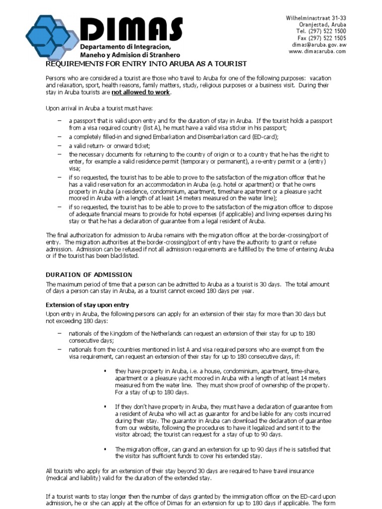 Aruba Tourist Entry Requirements Guide | PDF | Travel Visa | Passport