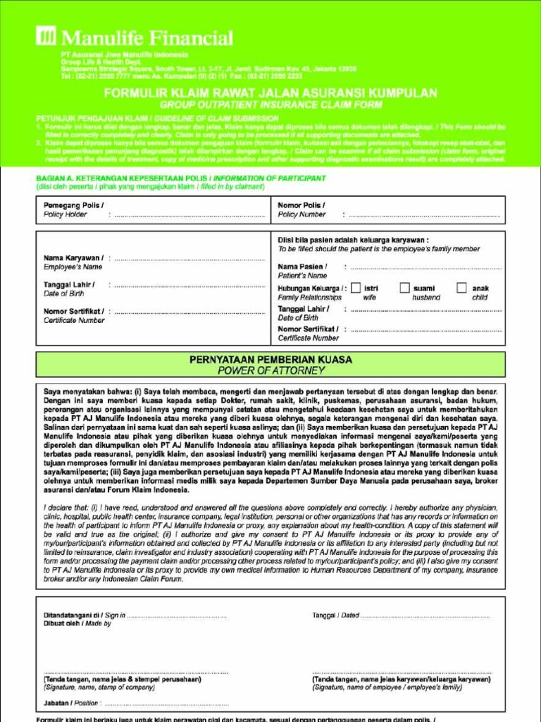 05 - Manulife Form - Form Klaim Rawat Jalan GLH | PDF
