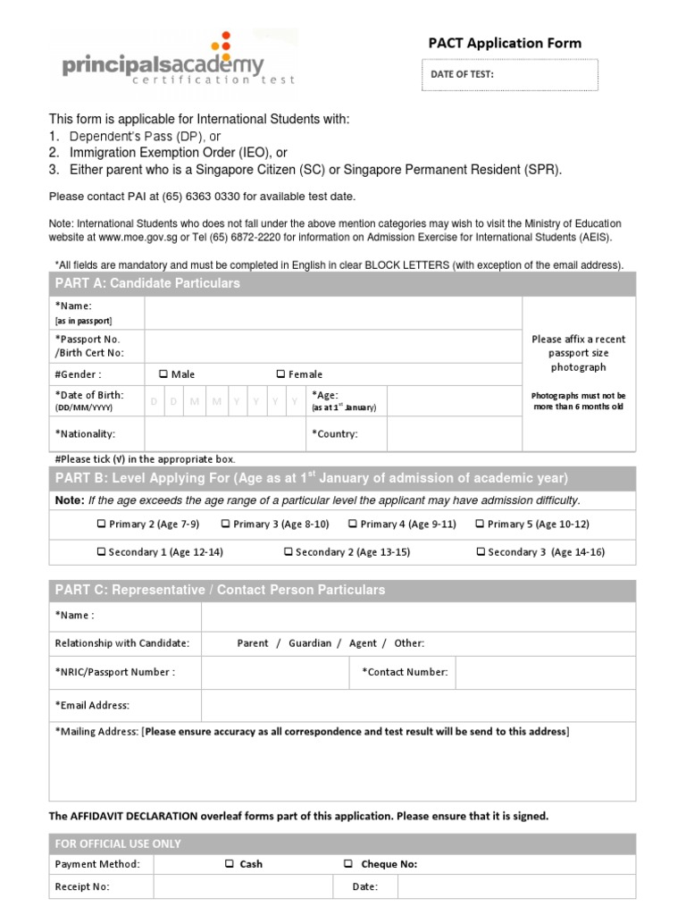 PACT Application Form: PART A: Candidate Particulars | PDF