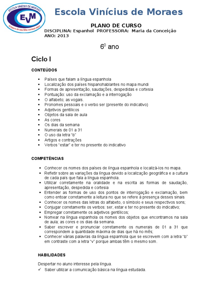 Plano De Aula Anual 6 Ano Vinicius Pdf Espanhol Idioma Comunicação 4926