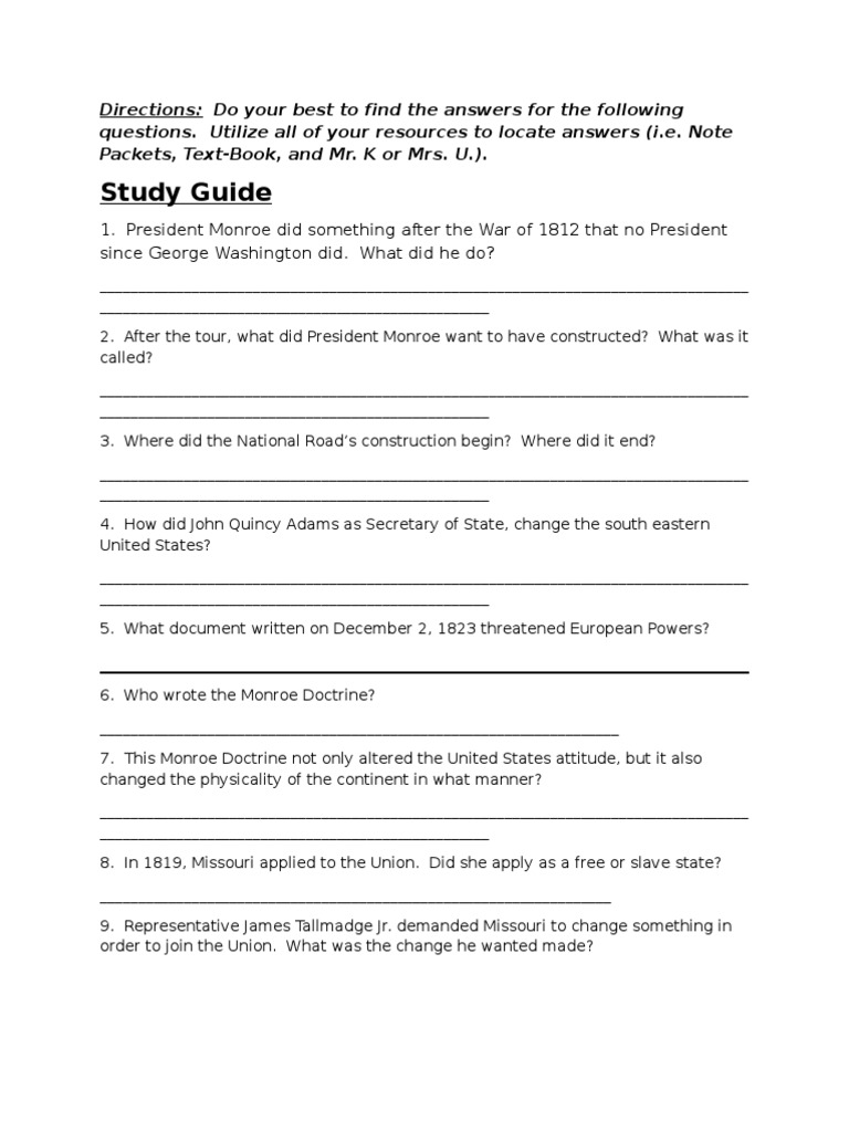 Era of Good Feelings Study Guide | PDF | James Monroe | Trail Of Tears