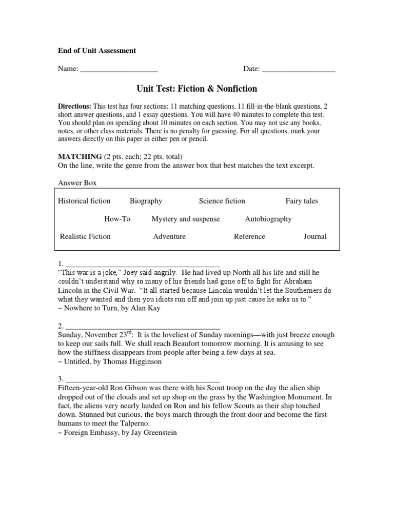 Unit Test: Fiction & Nonfiction: End of Unit Assessment | PDF | Martin ...