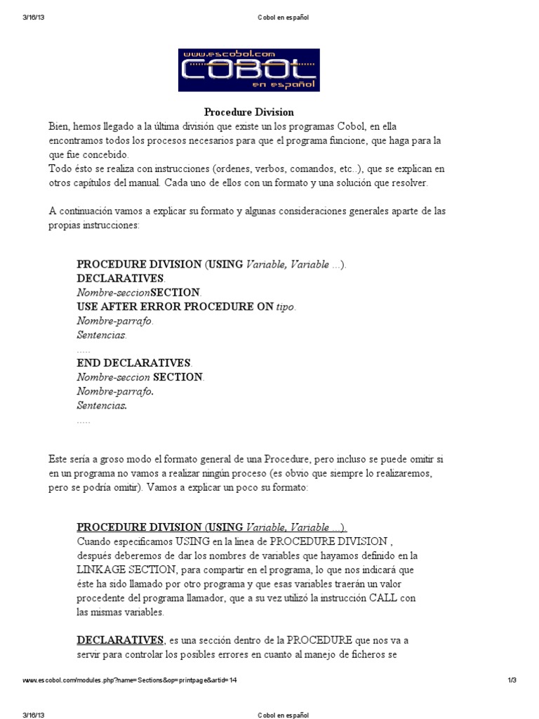 Cobol Procedure Division | PDF | Archivo de computadora | Lenguaje de programación