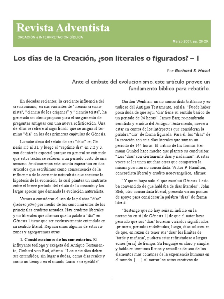 Gerhard Hasel-Los Dias de La Creacion Literales o Figurados 1-Ra | PDF ...
