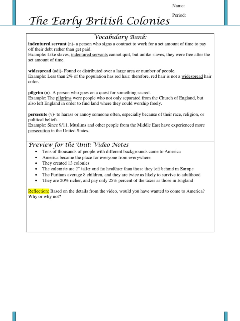 Early British Colonies Guided Notes | PDF | Plymouth Colony | Pilgrim ...