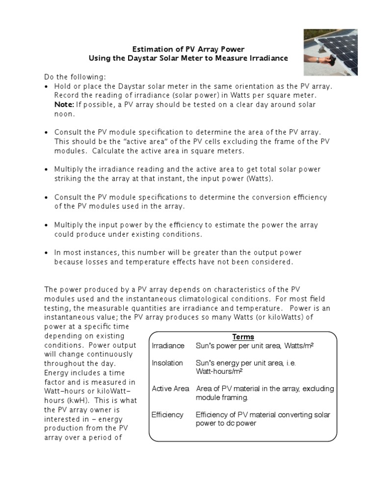 Estimation of PV Array Power Using The Daystar Solar Meter To Measure ...