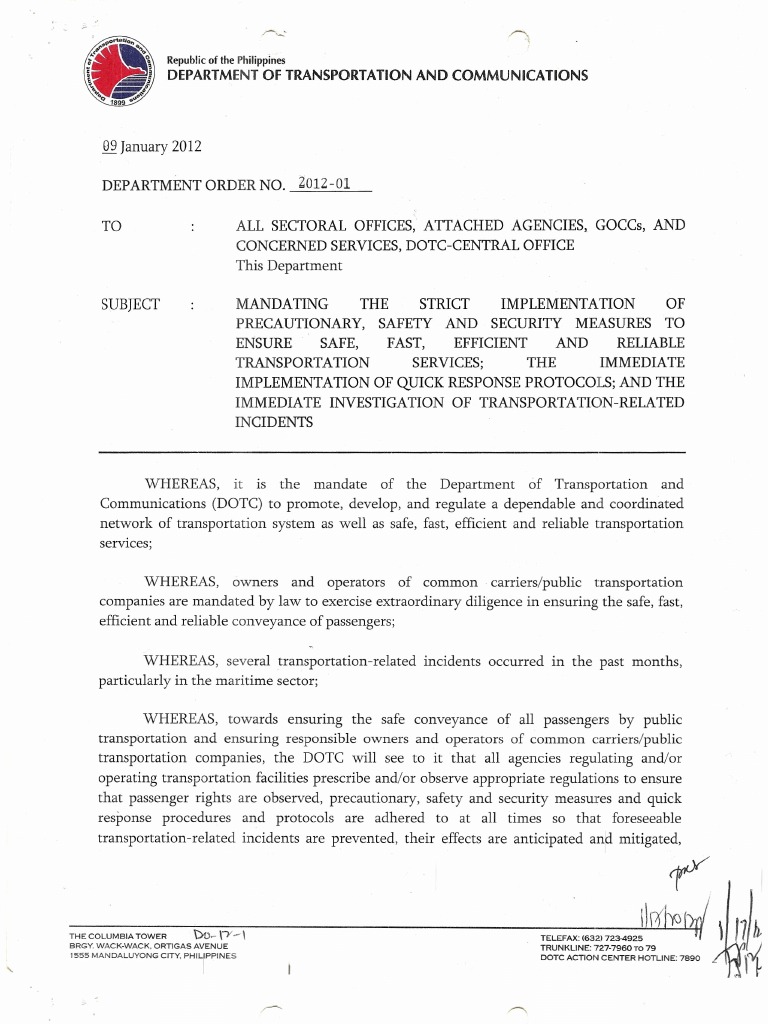 Department Order 2012-01 | PDF | Public Transport | Transport