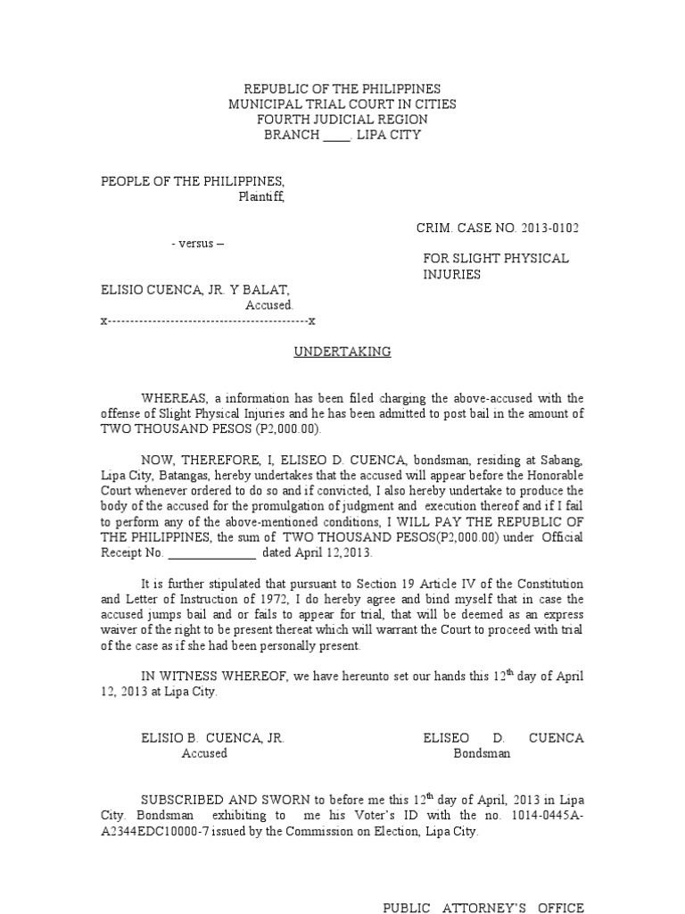 Undertaking Physical Injuries | PDF | Bail | Virtue