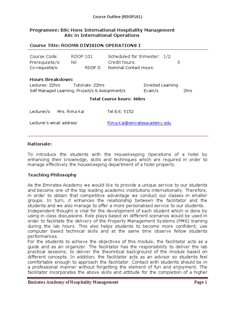 Housekeeping Operations Course Outline | PDF | Educational Assessment ...
