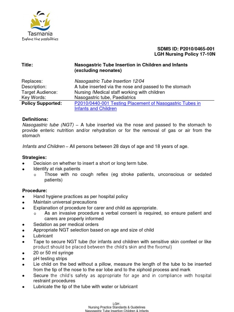 Guidelines for Nasogastric Tube Insertion in Children and Infants | PDF ...