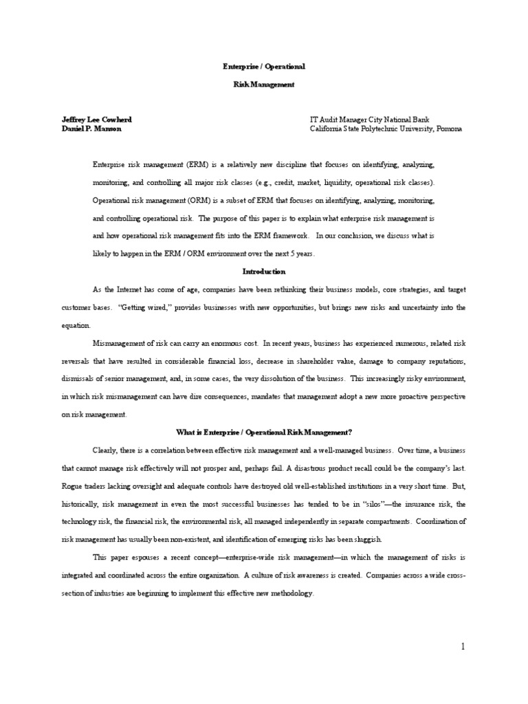 ERM and ORM | PDF | Operational Risk | Enterprise Risk Management