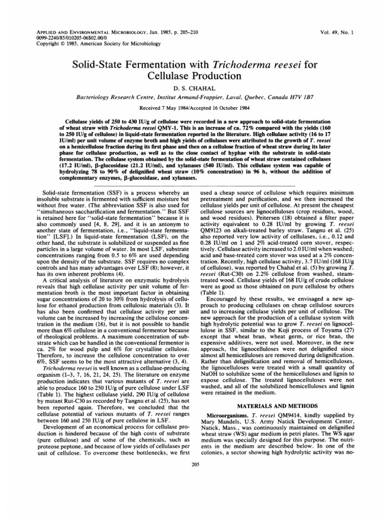 Solid-State Fermentation Production: With Trichoderma Cellulase | PDF | Hydrolysis | Cellulose