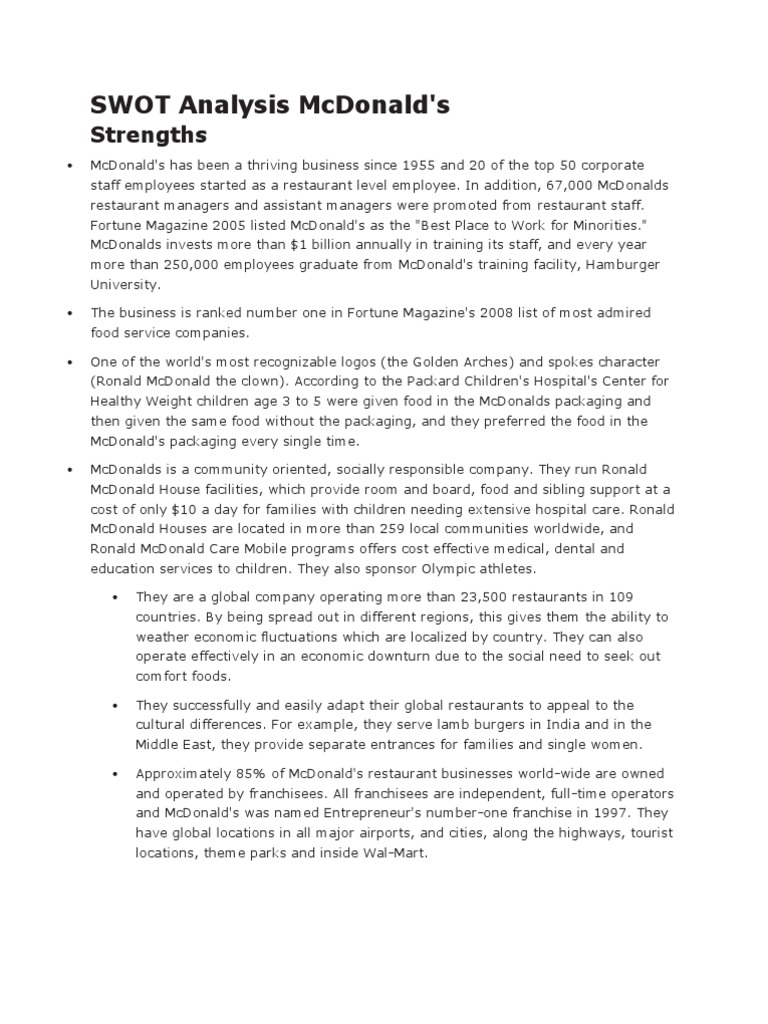 McDonald's Swot Analysis | PDF | Fast Food Restaurants | Mc Donald's