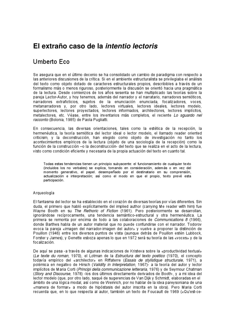 Intentio Lectoris | PDF | Semiótica | Hermenéutica