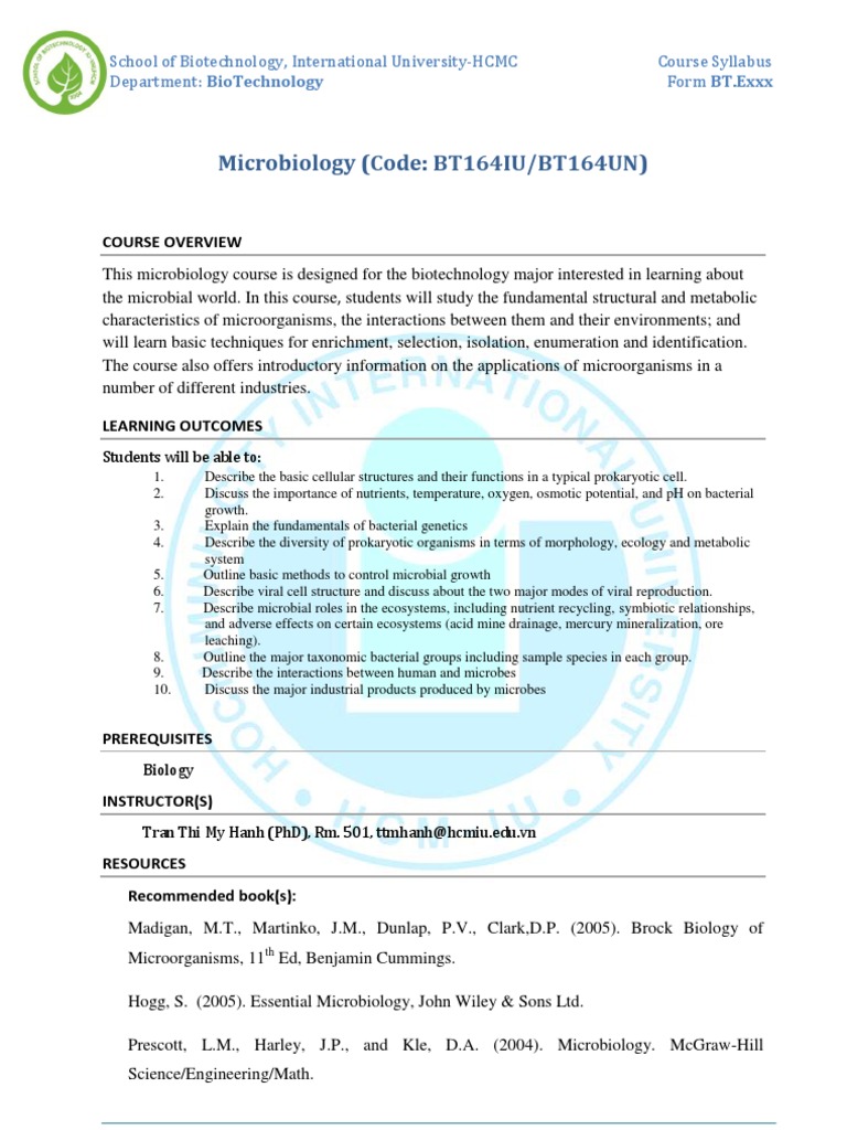 Microbiology Course Syllabus - IU HCMC | PDF | Microorganism | Bacteria