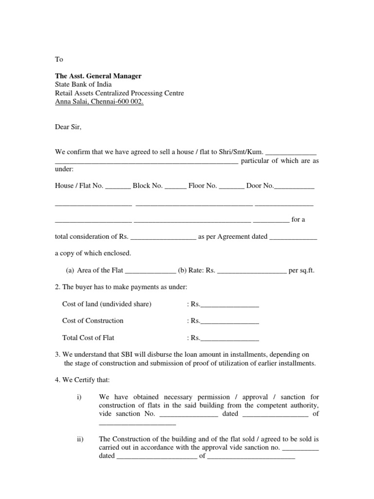 Builder Letter in SBI Format | PDF | Banks | Loans