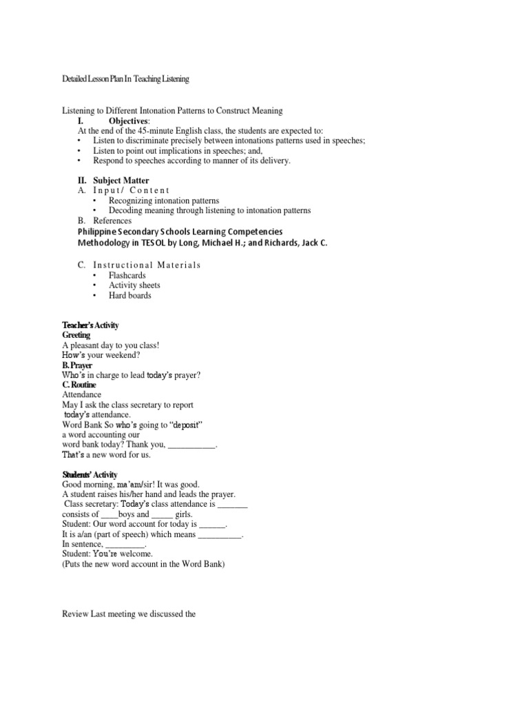 Detailed Lesson Plan in Teaching Listening | PDF | Lesson Plan ...