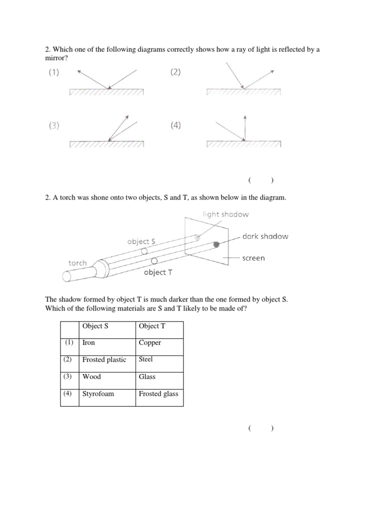 Light Worksheet | PDF | Shadow | Mirror