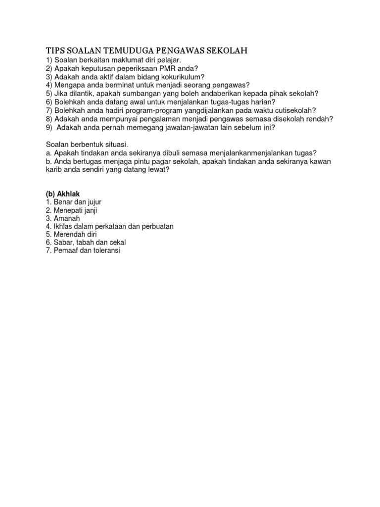 Tips Soalan Temuduga Pengawas Sekolah | PDF