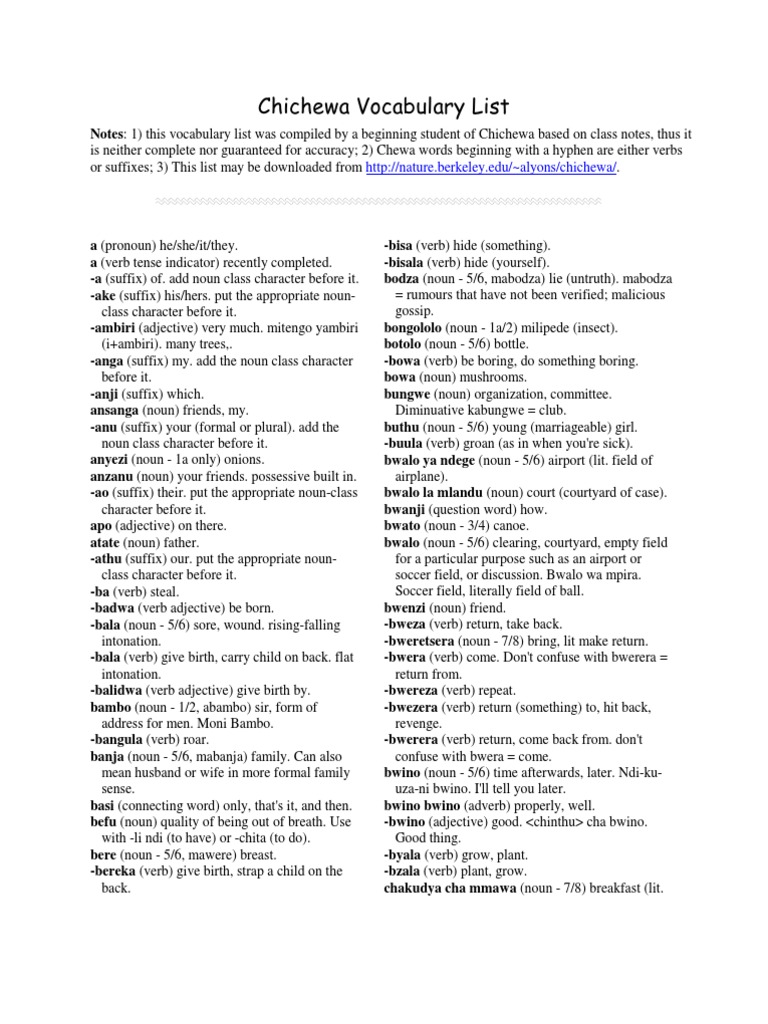 Chichewa Vocabulary List | PDF | Verb | Adjective