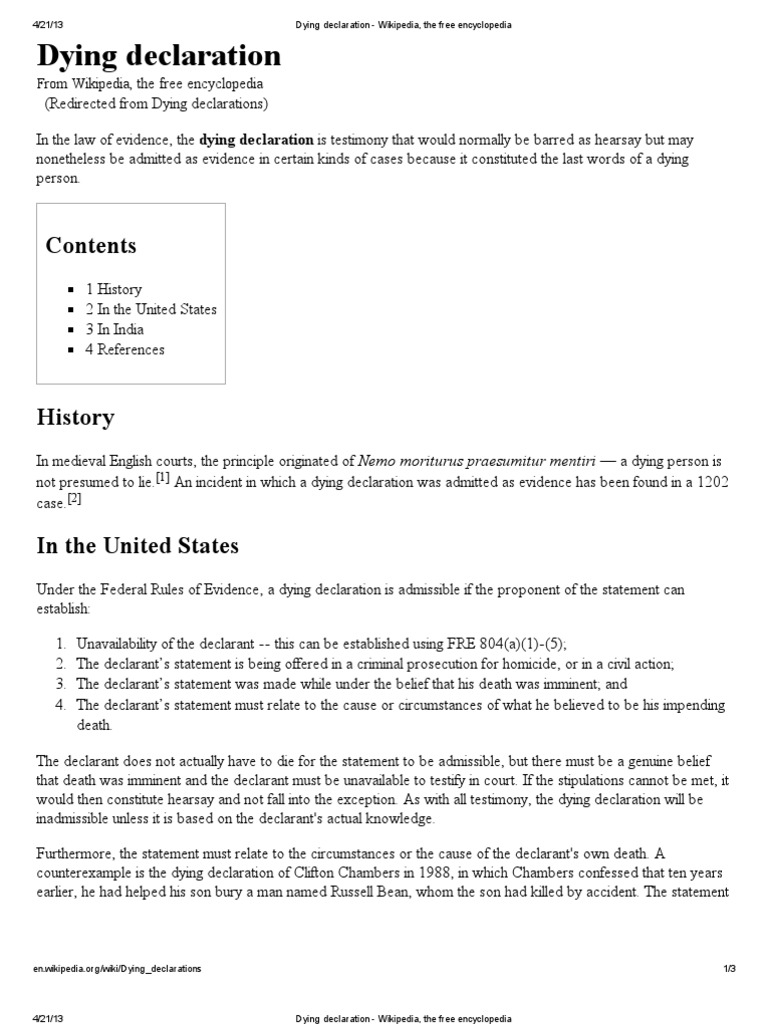 Dying Declaration - Wikipedia, The Free Encyclopedia | Criminal ...