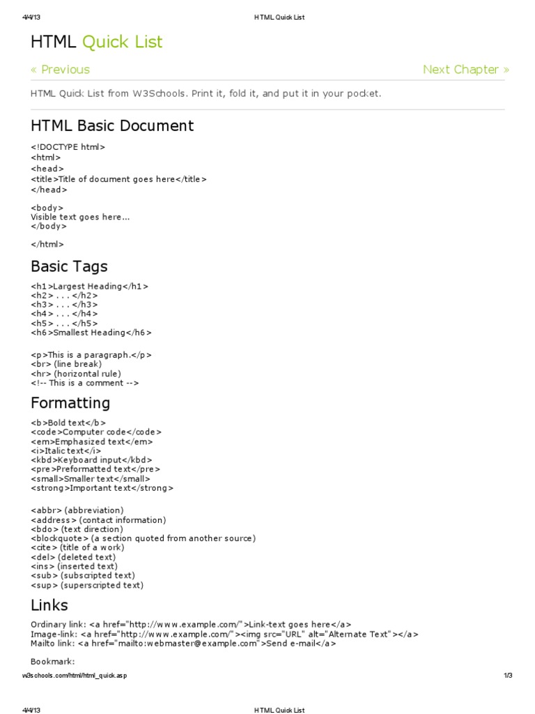 HTML Quick List | PDF | Html Element | Html