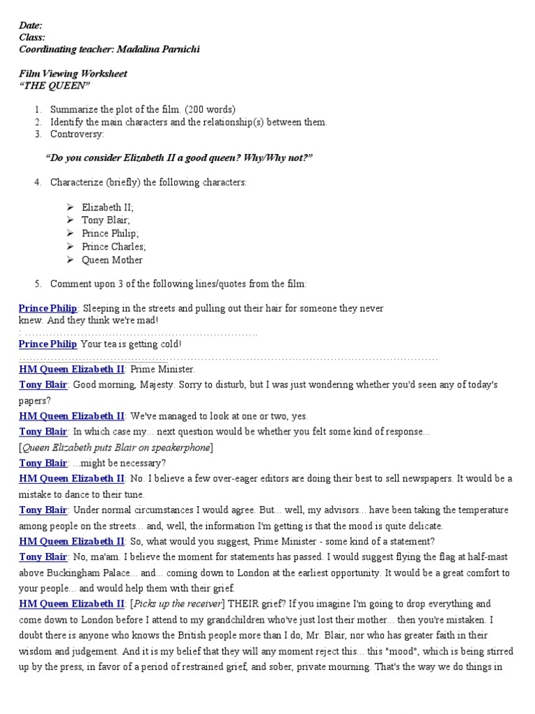 Film Viewing Worksheet - The Queen, 2006 | PDF | Elizabeth Ii | Tony Blair